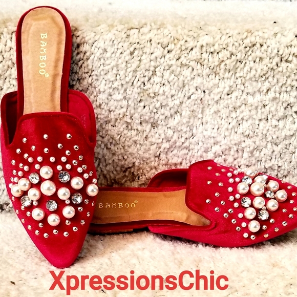 BAMBOO | Shoes | Velvet Pearls Rhinestone Slides | Poshmark